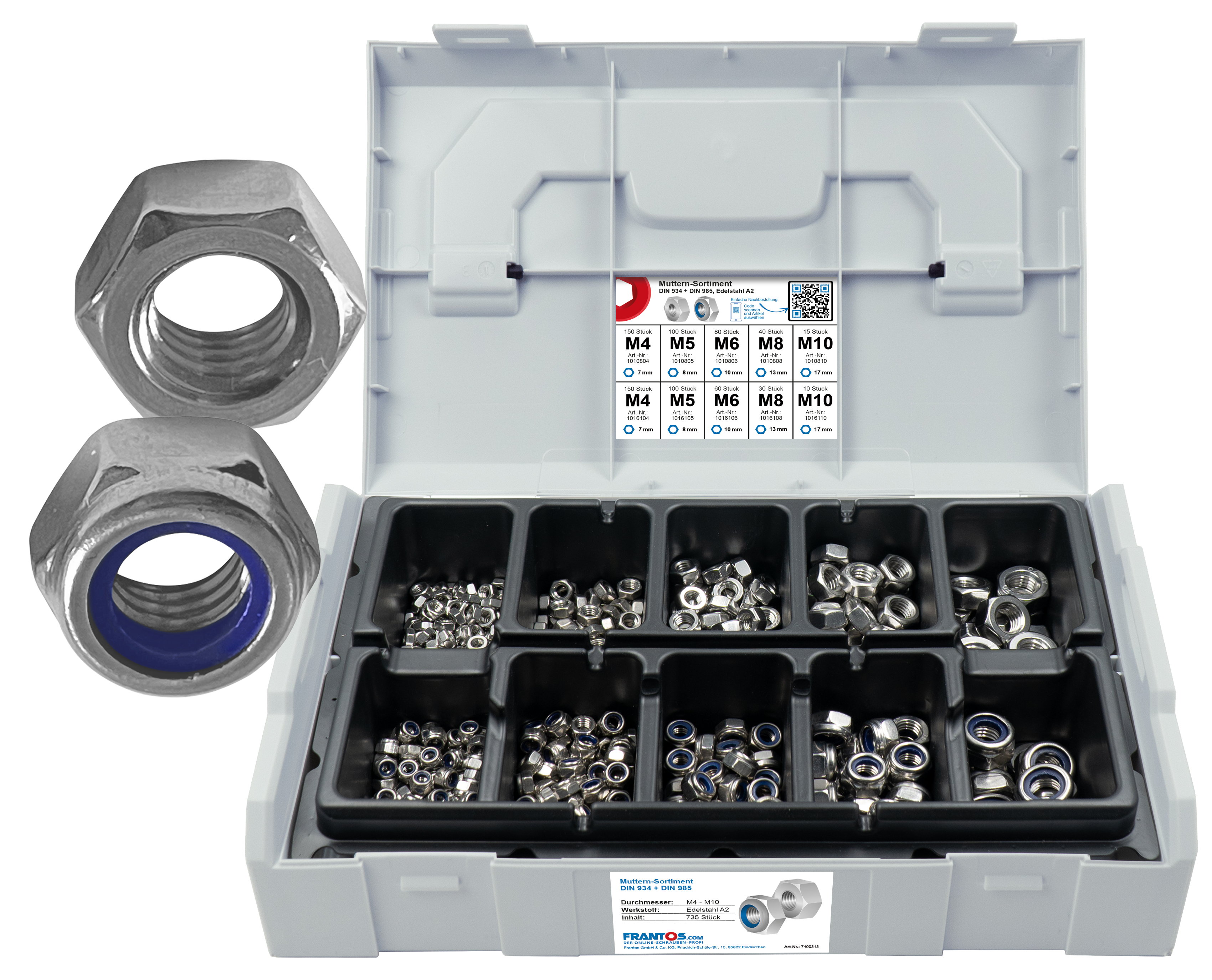 Assortiment Frantos L-BOXX MINI, écrous DIN 934 / DIN 985, acier ...