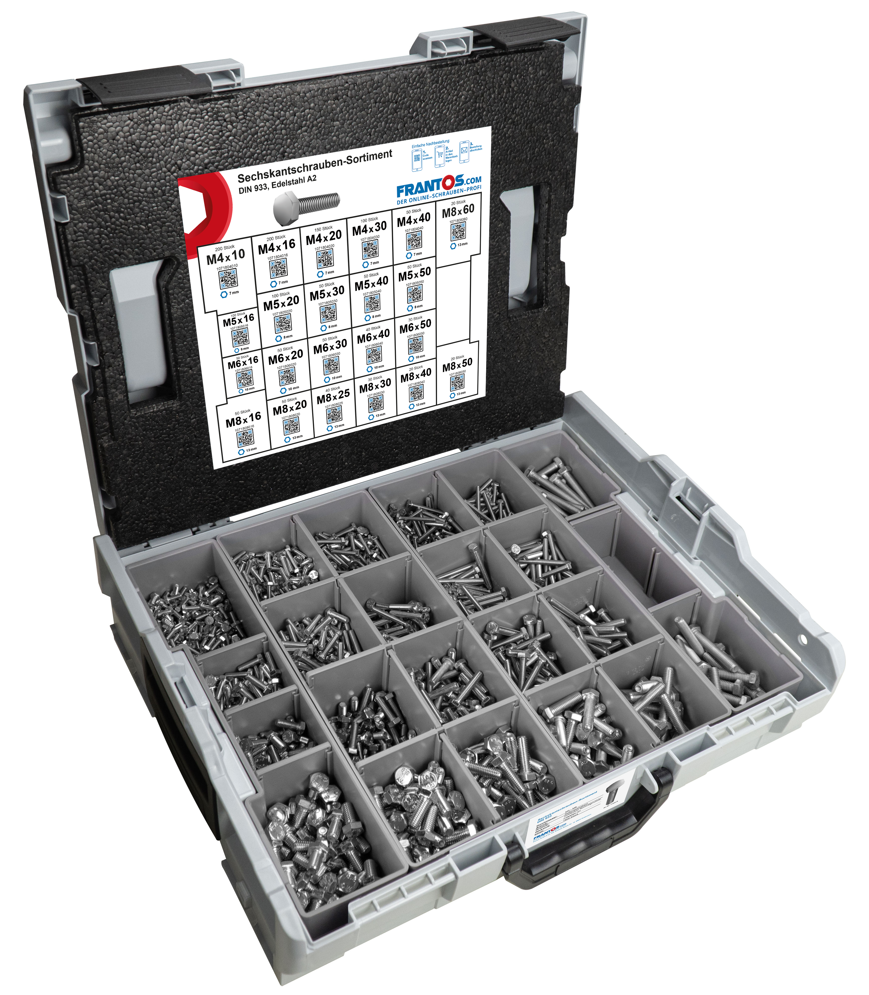 Frantos L-BOXX Sortiment, DIN 933 Sechskantschrauben, Edelstahl A2, 1. ...