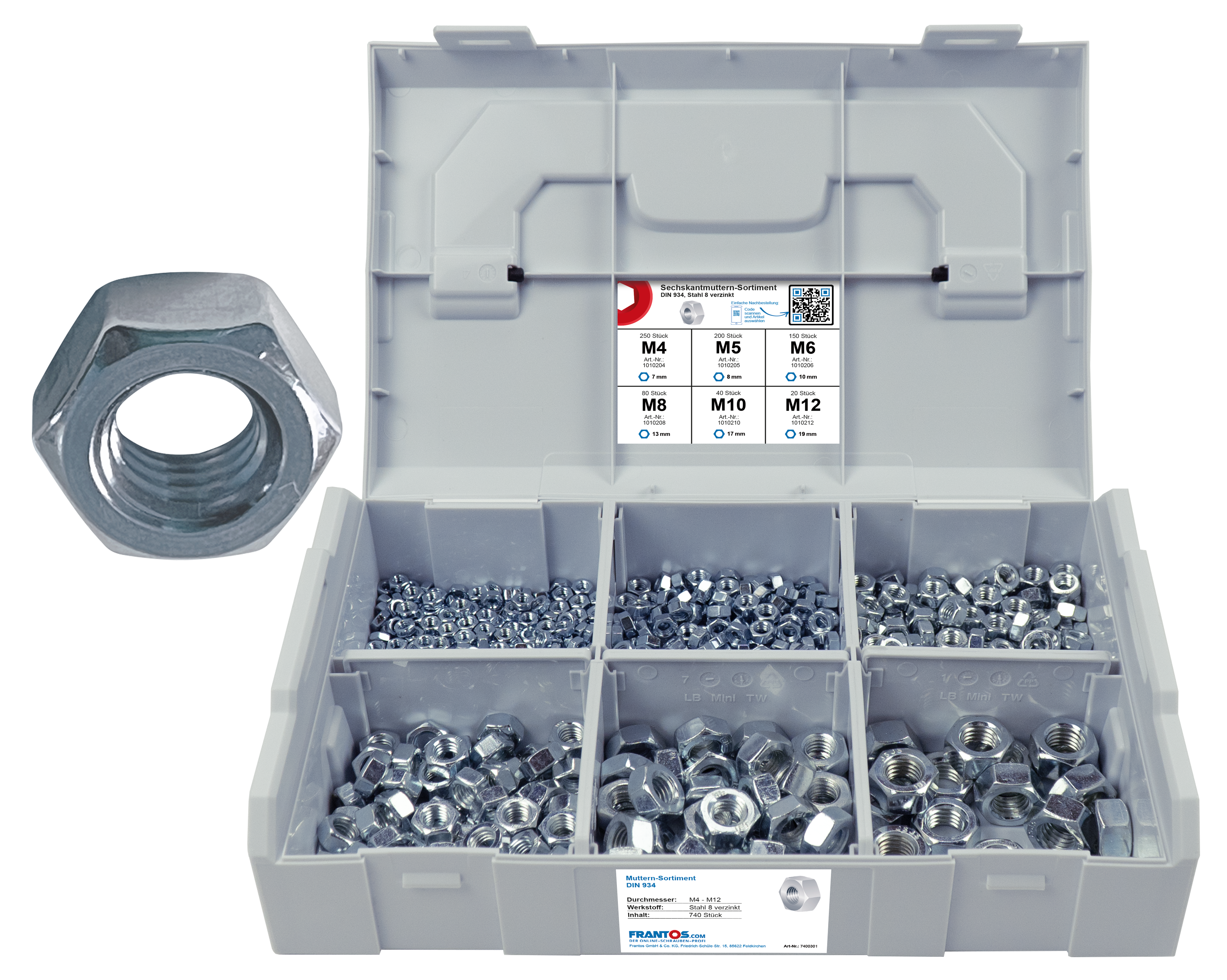 Frantos L-BOXX MINI Sortiment, Muttern DIN 934, Stahl 8 verzinkt, 740 ...
