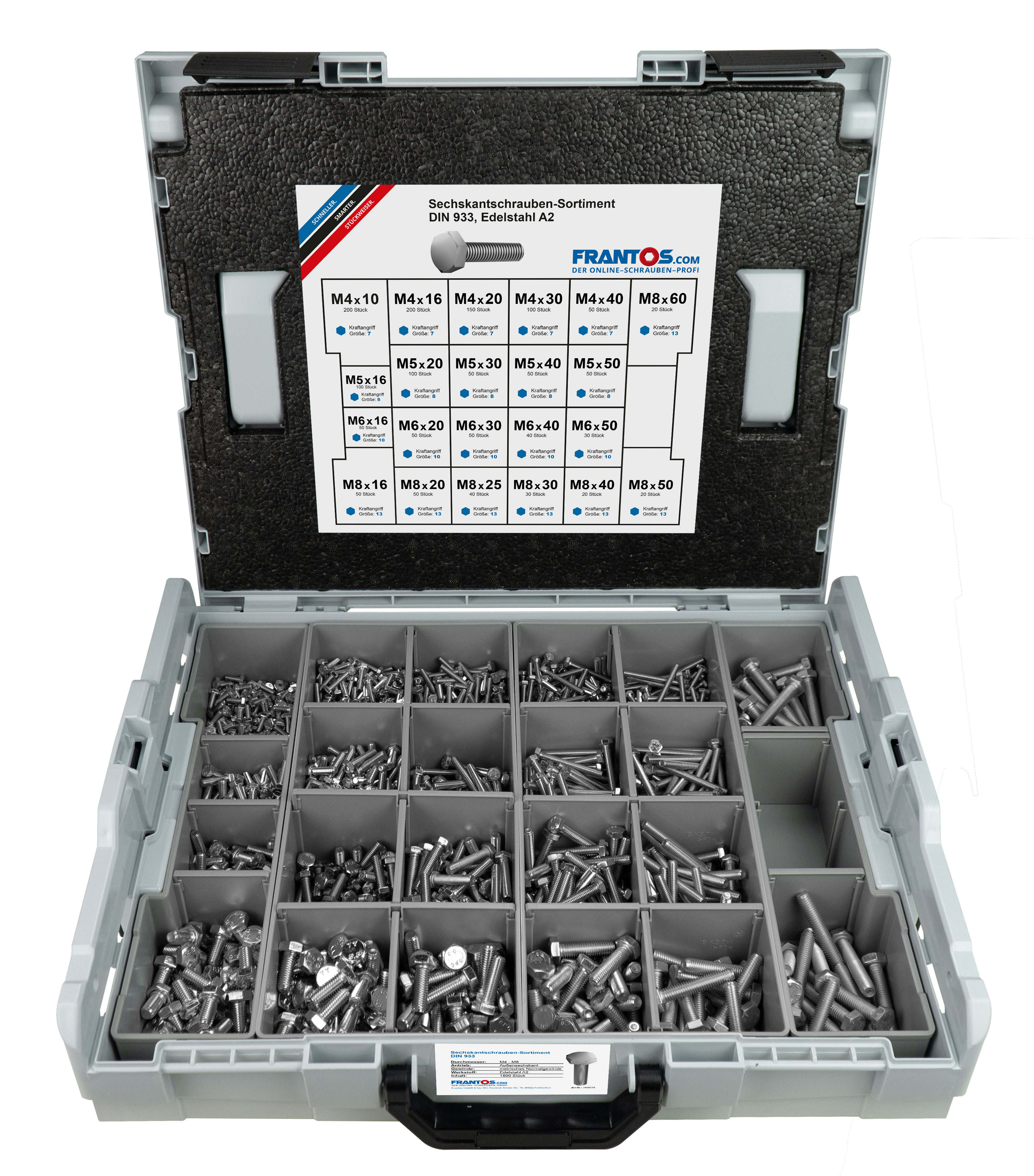 Frantos L-BOXX Sortiment, DIN 933 Sechskantschrauben, Edelstahl A2, 1. ...